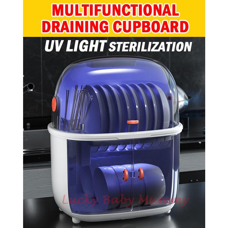 UV Disinfection Dish Rack Double Tiers Draining Dishware Storage Box P